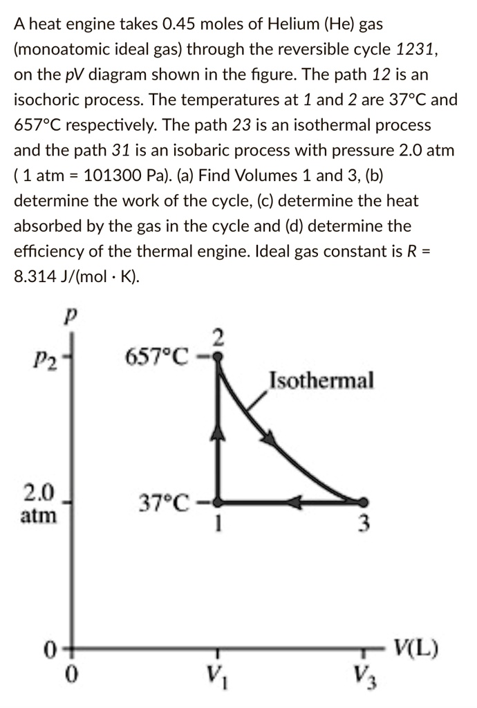 A heat engine takes 0.45 moles of Helium (He) gas (monoatomic ideal gas ...