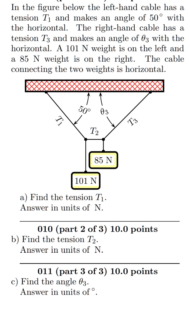 [GET ANSWER] In the figure below the left-hand cable has a tension T1 and makes an angle of 50 ...