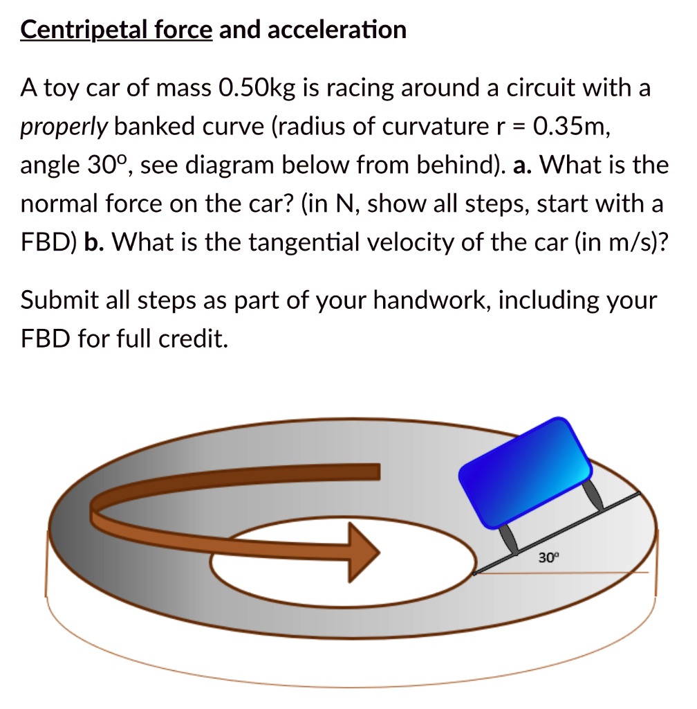 SOLVED: Centripetal force and acceleration toy car of mass O.50kg is ...