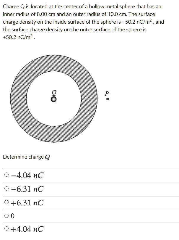charge q is located at the center of a hollow metal sphere that has an inner radius of 800 cm ...