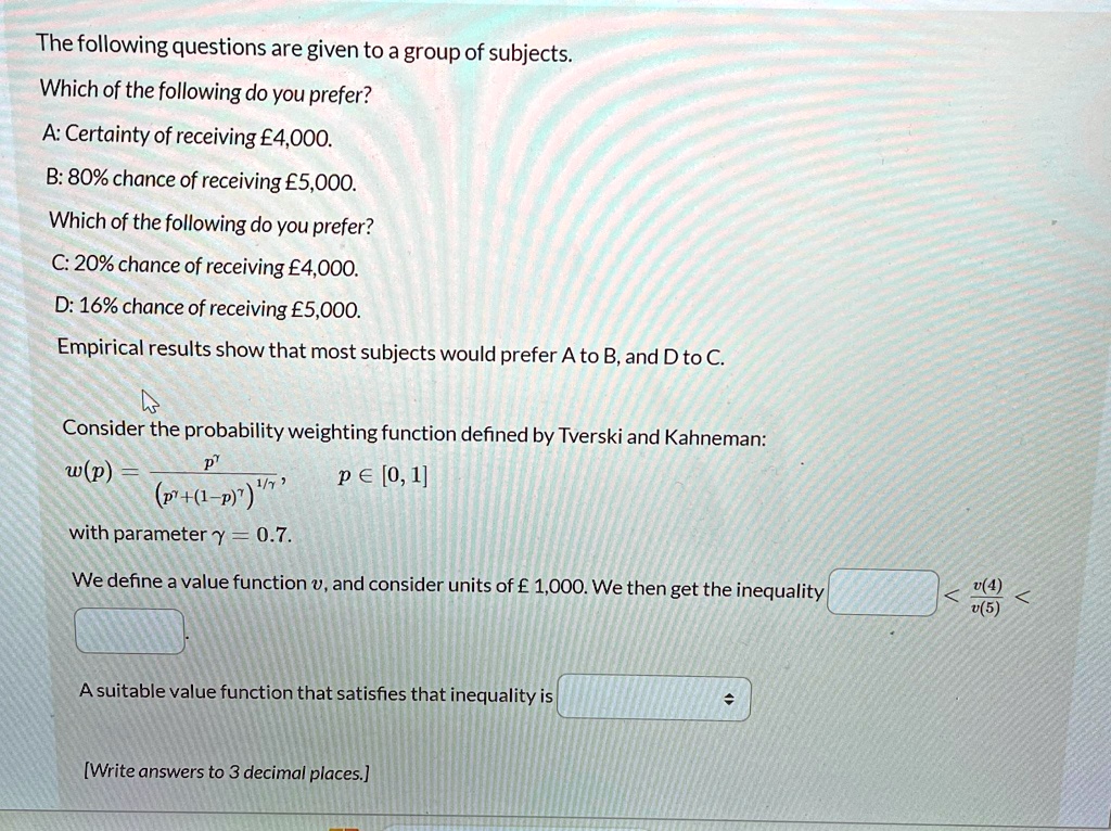 SOLVED: The following questions are given to a group of subjects: Which ...