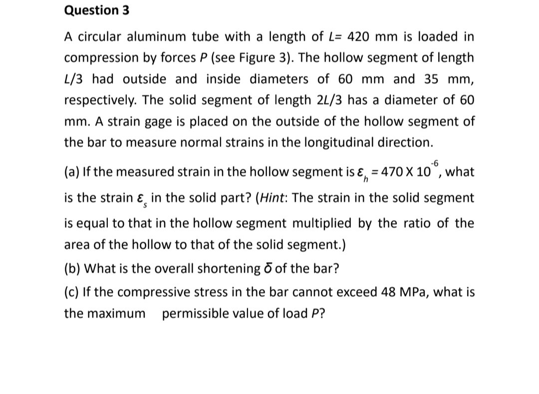 SOLVED: Question 3 A circular aluminum tube with a length of L=420 mm ...