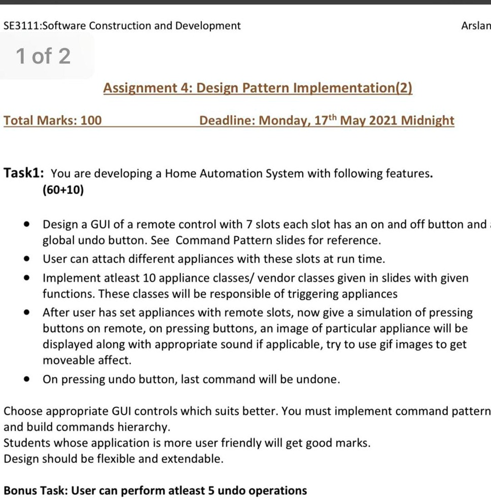 Solved Se3111 Software Construction And Development Arslan 1 Of 2 Assignment 4 Design Pattern 3907