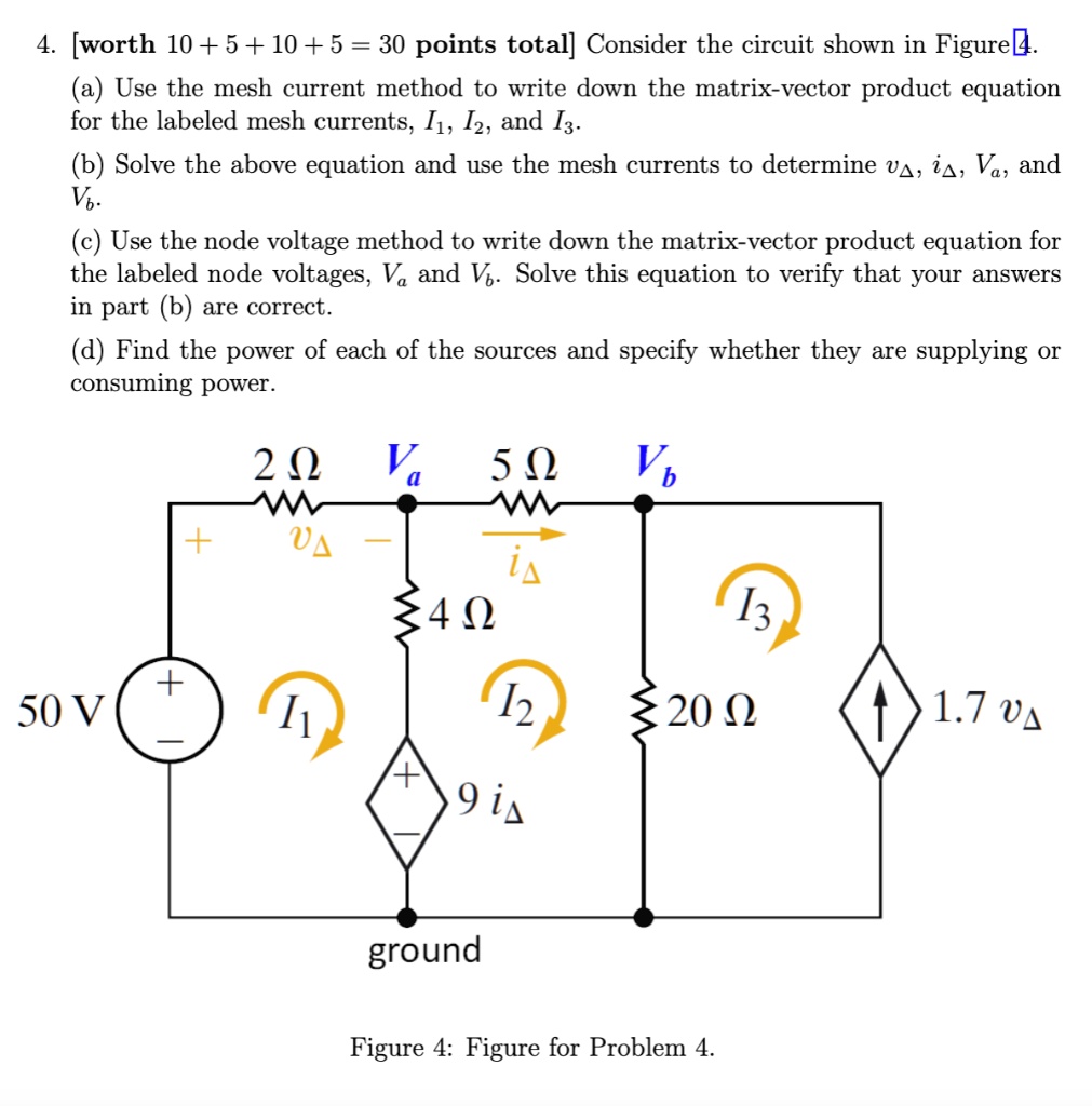 SOLVED: Consider the circuit shown in Figure 4. (a) Use the mesh current method to write down ...