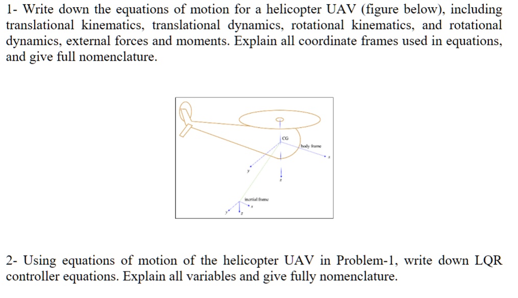 SOLVED: 1- Write down the equations of motion for a helicopter UAV (figure below), including ...