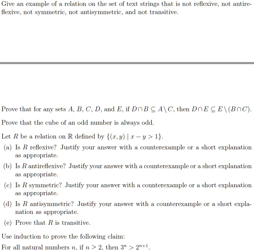 give an example of a relation on the set of text strings that is not reflexive not antire ...