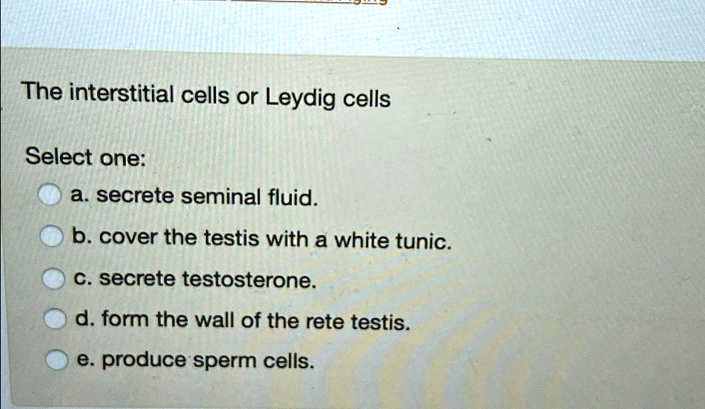 The interstitial cells or Leydig cells Select one: a. secrete seminal ...