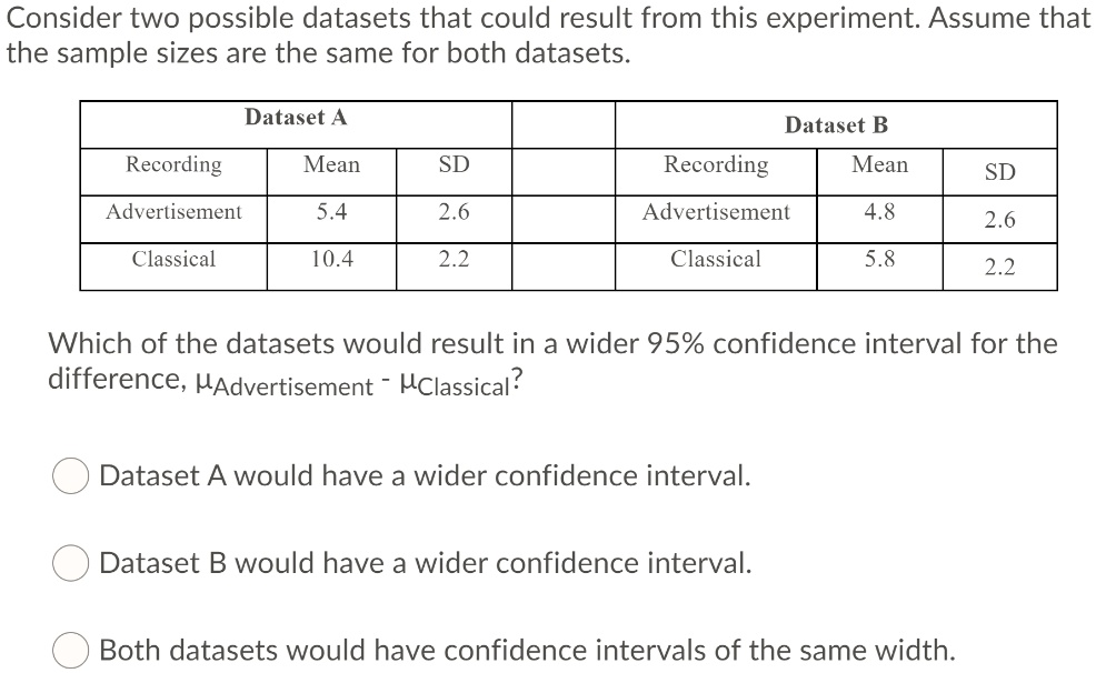 SOLVED: Consider two possible datasets that could result from this ... SOLVED: Consider two possible datasets that could result from this ...