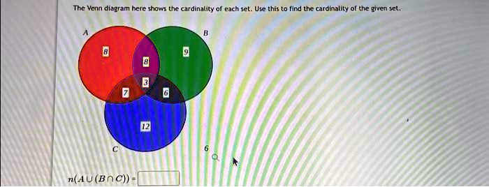 The Venn diagram here shows the cardinality of each set. Use this to find the cardinality of the ...