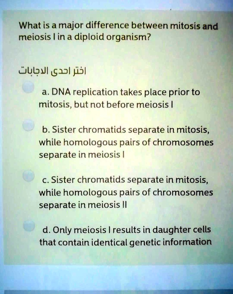 SOLVED: What is a major difference between mitosis and meiosis in a ...