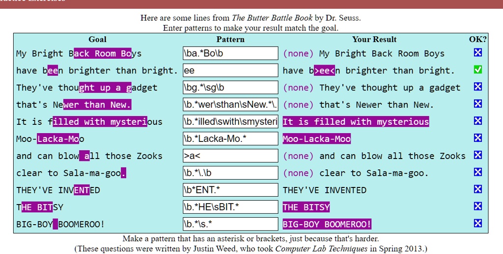 you have answer right ans for regular expression practice here are some lines from the butter ...