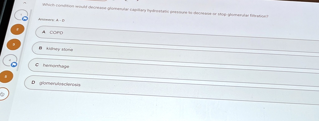 Which Condition Would Decrease Glomerular Capillary Hydrostatic Pressure To Decrease Or Stop