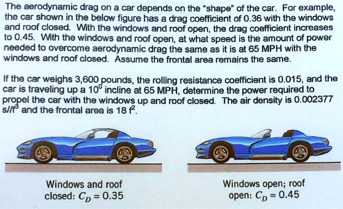 The aerodynamic drag on a car depends on the "shape" of the car. For example, the car shown in ...