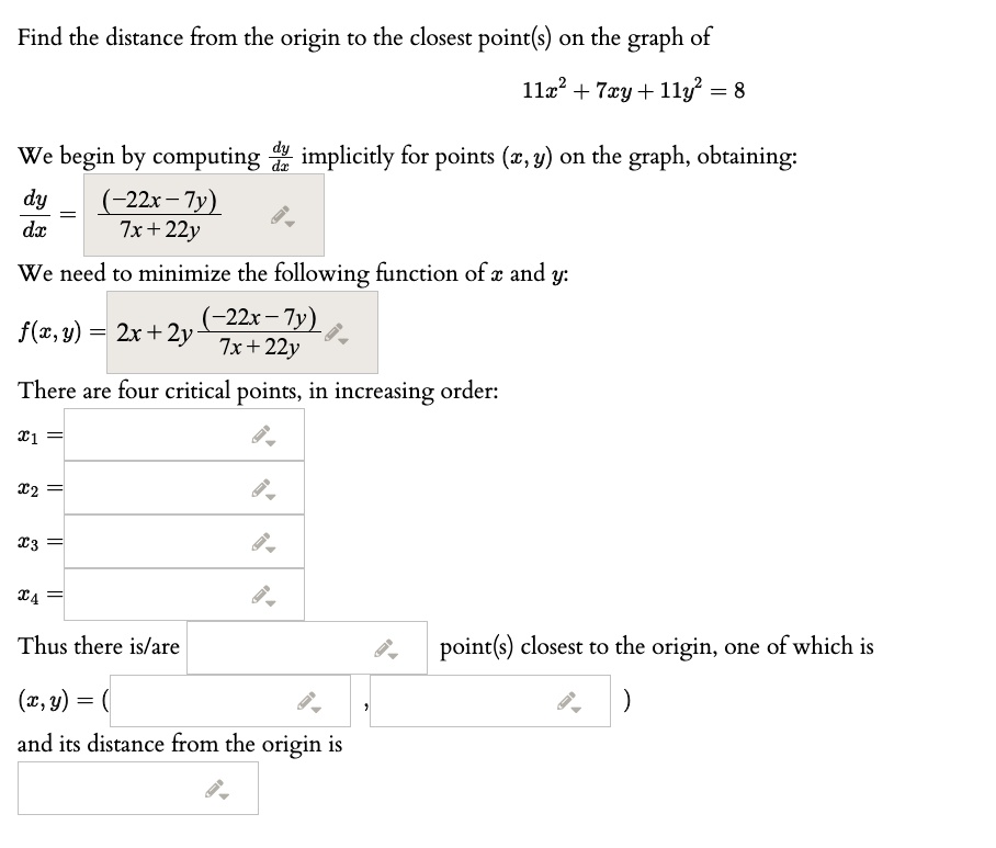 find the distance from the origin to the closest point on the graph of ...