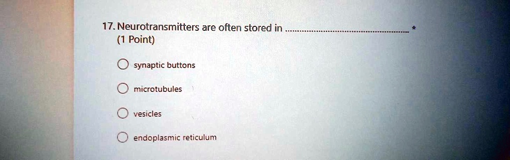SOLVED: 17. Neurotransmitters are often stored in (1 Point) synaptic ...