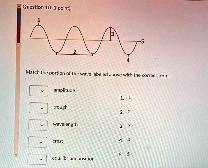 SOLVED: Question 10 (1 point) Match the portion of the wave labeled ...
