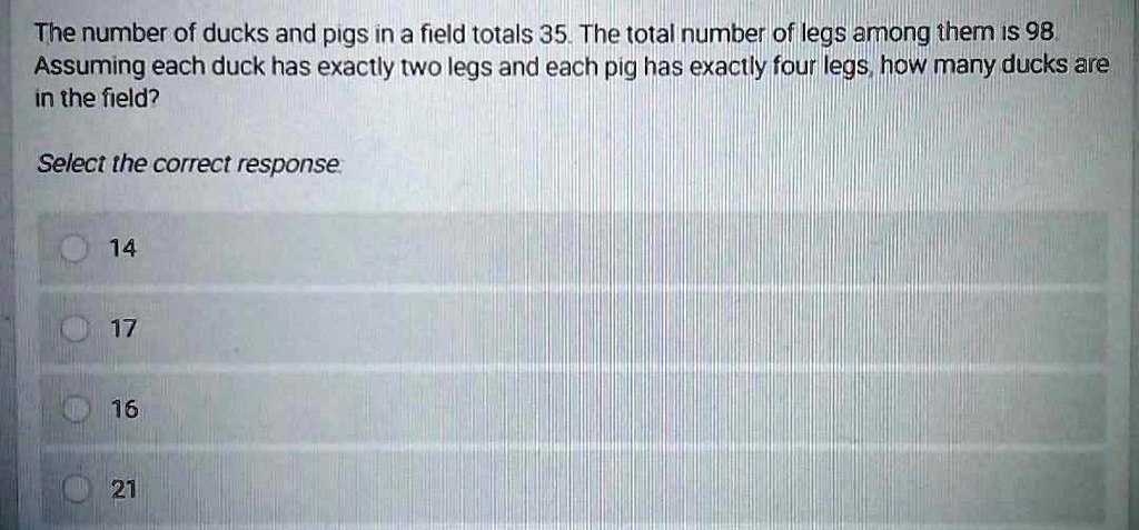 The number of ducks and pigs in a field totals 35 the total...