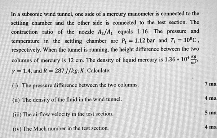 SOLVED: In a subsonic wind tunnel, one side of a mercury manometer is ...