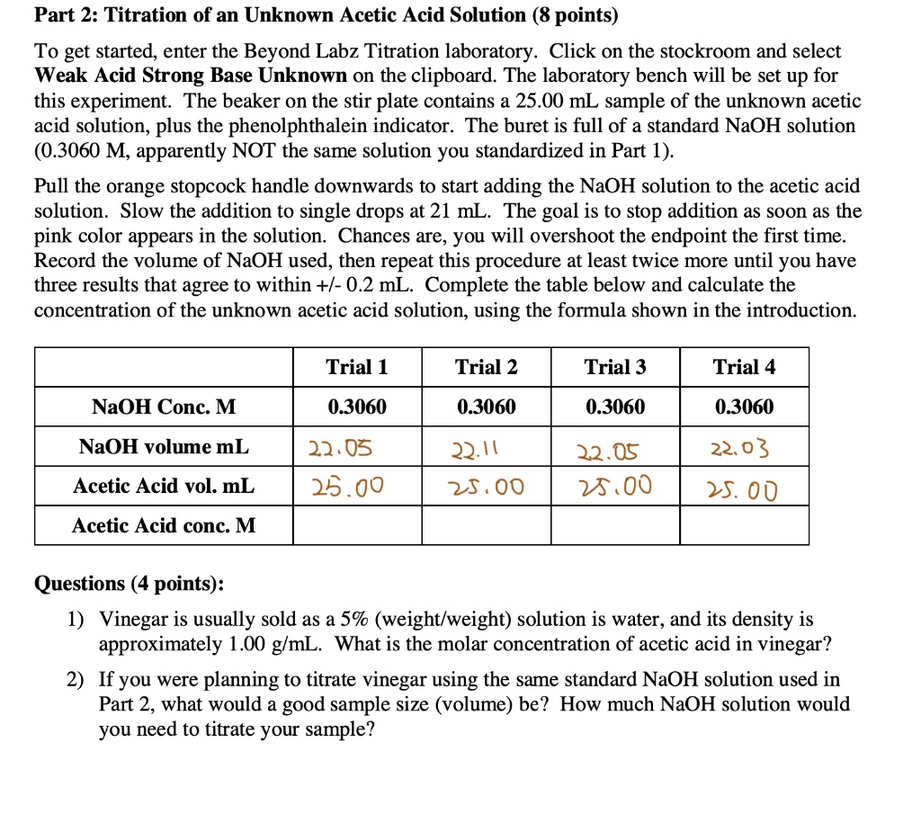 part 2 titration of an unknown acetic acid solution 8 points to get ...