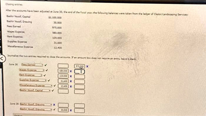 closing entries after the accounts have been adjusted at june 30 the ...