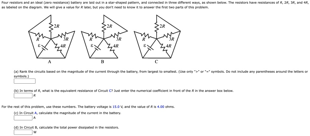 four resistors and an ideal zero resistance battery are laid out in a ...