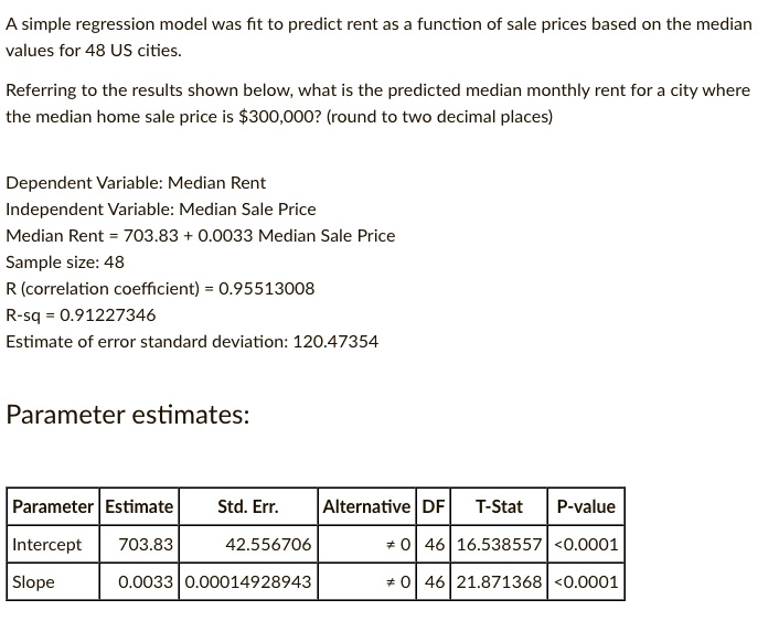 SOLVED: A simple regression model was fit to predict rent as function of sale prices based on ...