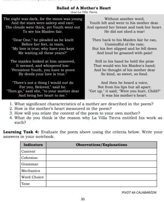 pls pa help po ung sa ano po learning task 4 po salamat ballad of a ...