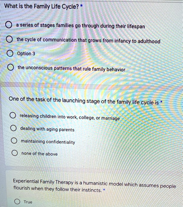SOLVED: What is the Family Life Cycle? a series of stages families go ...