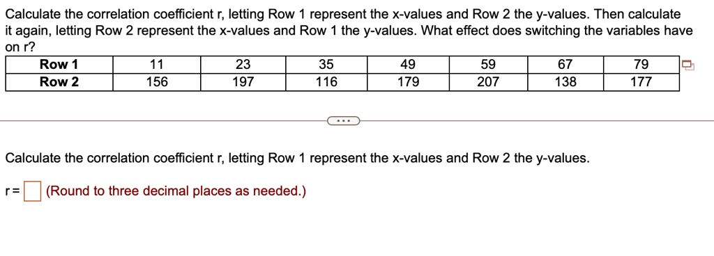 Calculate the correlation coefficient r, letting Row 1 represent the x-values and Row 2 the y ...
