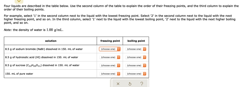 Four liquids are described in the table below. Use the second column of ...