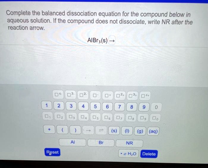 SOLVED: Complete the balanced dissociation equation for the compound below in aqueous solution ...