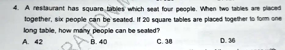 A restaurant has square tables which seat four people. When two tables ...