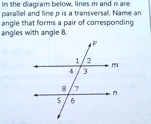 In the diagram below; lines m and n are parallel and line p is a transversal Name an angle that ...