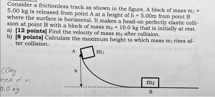SOLVED: Consider a frictionless track as shown in the figure. A block of mass m1 = 5.00 kg is ...