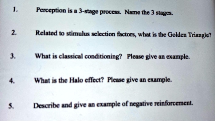SOLVED: Perception is a 3-stage process. Name the 3 stages. 2. Related to stimulus selection ...