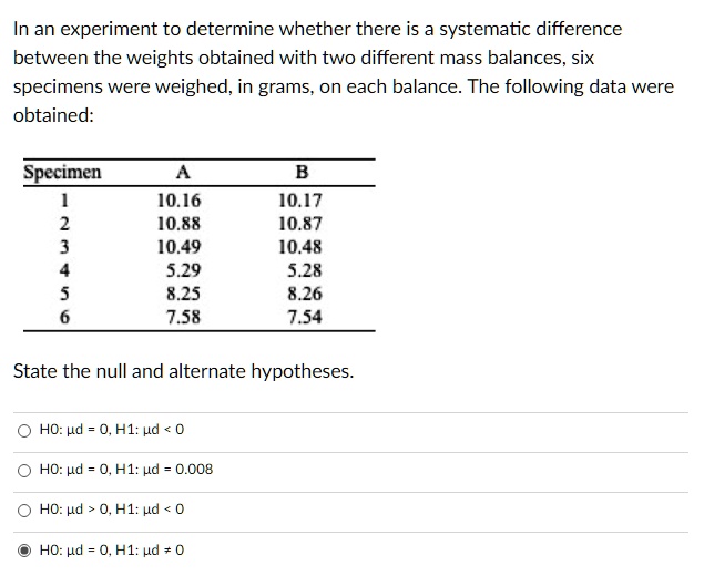 SOLVED: In an experiment to determine whether there is a systematic difference between the ...