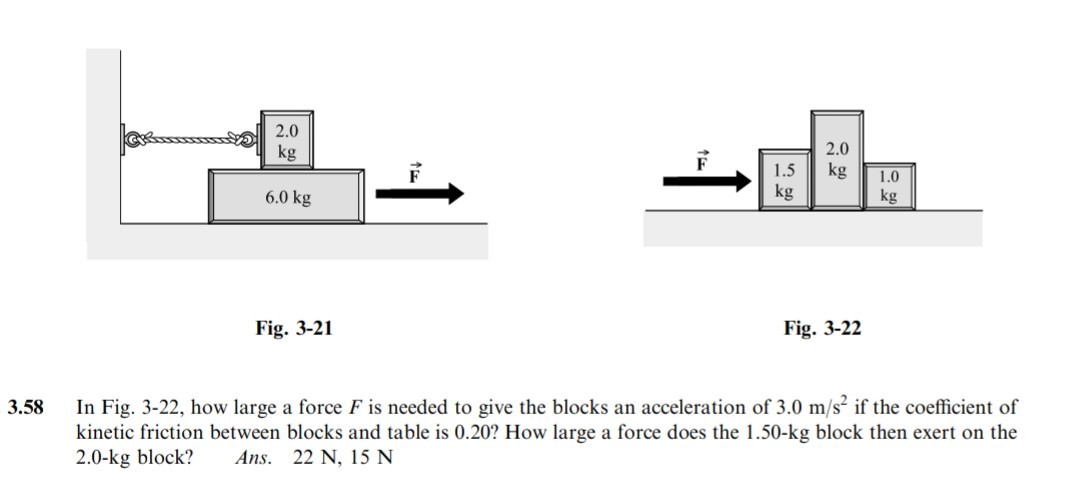 Fig. 3-21 Fig. 3-22 3.58 In Fig. 3-22, how large a force F is needed to give the blocks an ...