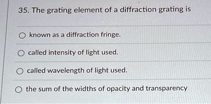 SOLVED: 35.The grating element of a diffraction grating is known as a ...