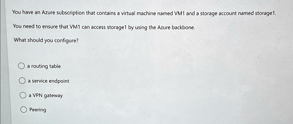 You have an Azure subscription that contains a virtual machine named VM1 and a storage account ...