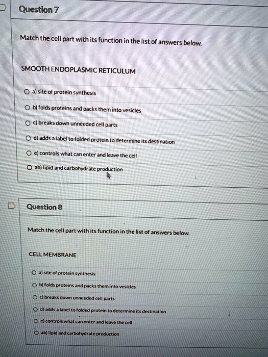 SOLVED: Question 7 Match the cell part with its function in the list of answers below: SMOOTH ...
