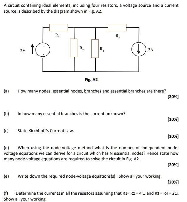 A circuit containing ideal elements, including four resistors, a voltage source and a current ...