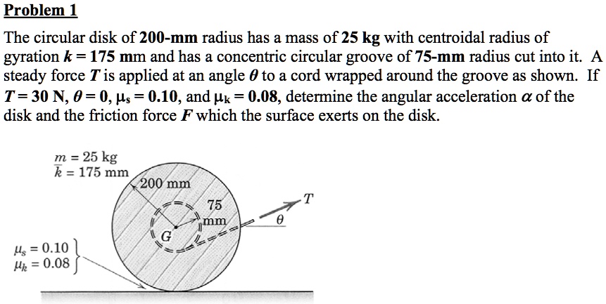 Problem 1 The circular disk of 200-mm radius has a mass of 25 kg with centroidal radius of ...