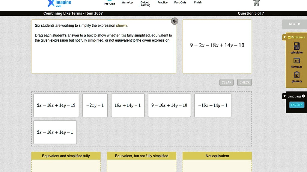 SOLVED: 'Six students are working to simplify the expression shown. Drag each student's answer ...