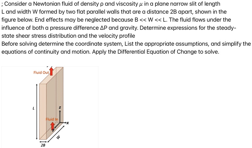 ; Consider a Newtonian fluid of density p and viscosity ? in a plane narrow slit of length L and ...