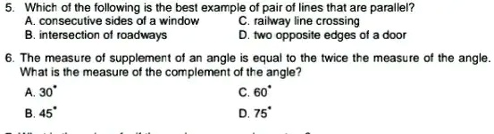 SOLVED: Which of the following is the best example of a pair of lines that are parallel? A ...
