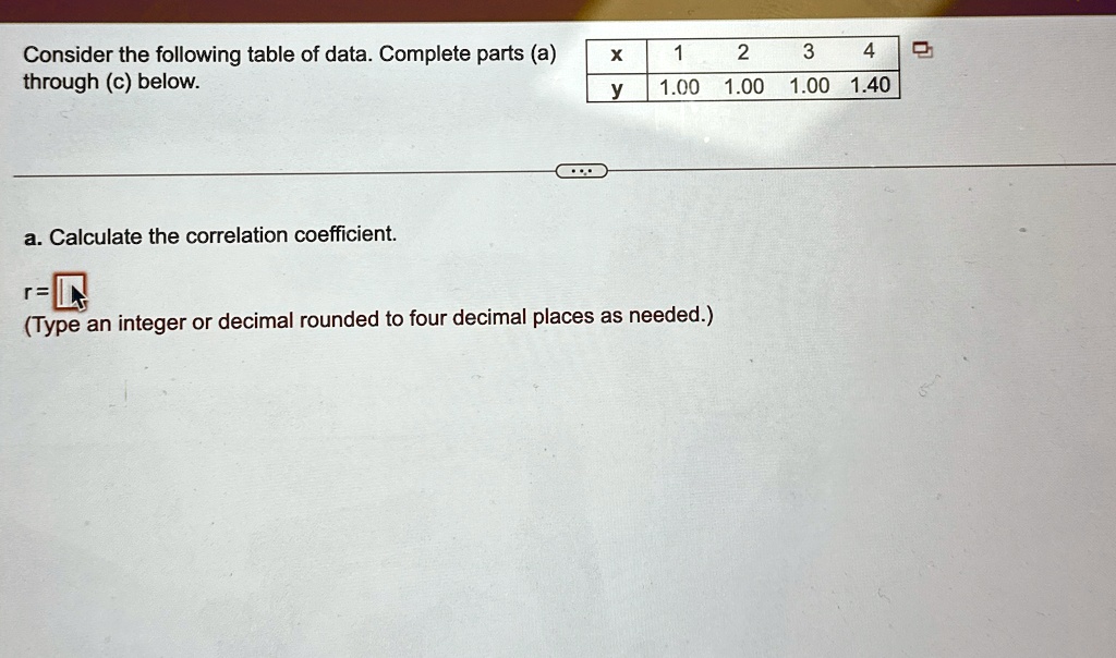 consider the following table of data complete parts a through c below x 1 2 3 4 y 100 100 100 ...