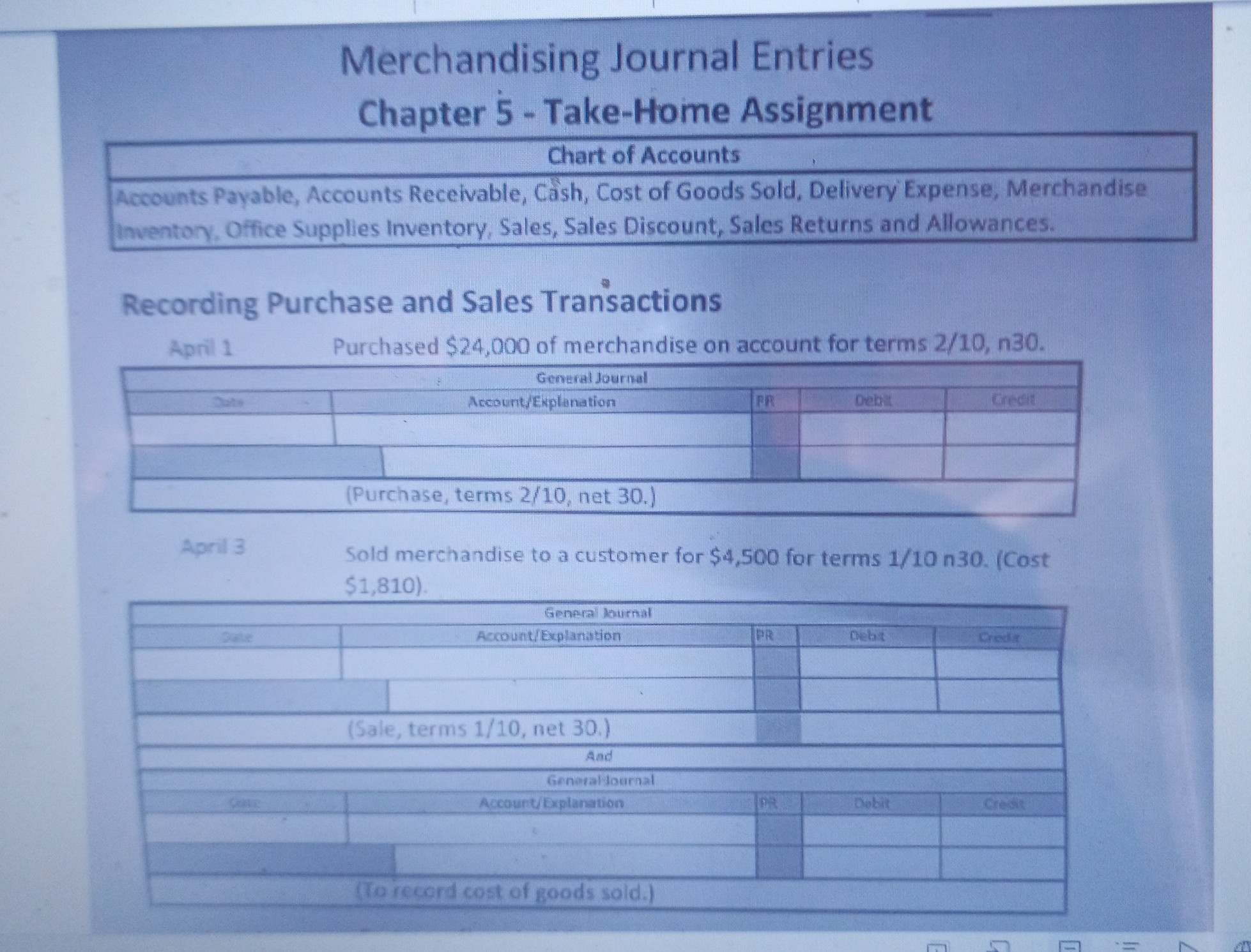 Merchandising Journal Entries Chapter 5 - Take-Home Assignment Chart of ...