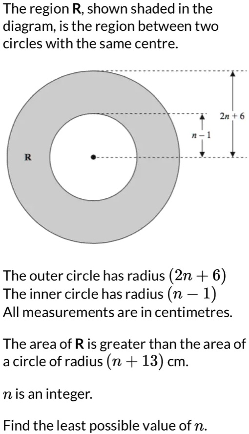 The region R, shown shaded in the diagram, is the region between two circles with the same ...