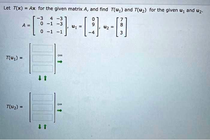 SOLVED: Let T(x) = Ax for the given matrix A, and find T(u,) and T(uz) for the given U1 and uz ...