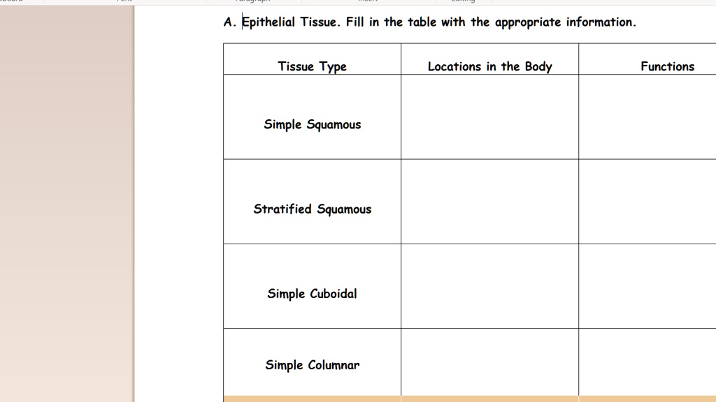 SOLVED: Epithelial Tissue Fill in the table with the appropriate ...